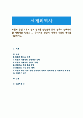 [세계의역사 - 트럼프 한미 관계] 트럼프 당선 이후의 한미 관계를 설정함에 있어, 한국이 선택해야 할 바람직한 방향과 그 구체적인 방안에 대하여 자신의 생각을 기술- 트럼프 한미-1페이지