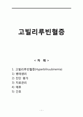 고빌리루빈혈증, Hyperbiliruubinemia, 병태생리, 진단평가, 고빌리루빈혈증치료,고빌리루빈혈증 예후, 고빌리루빈혈증간호-1페이지