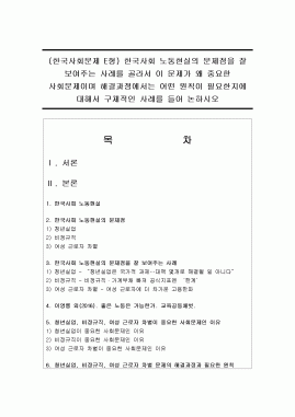 (한국사회문제 E형) 한국사회 노동현실의 문제점을 잘 보여주는 사례를 골라서 이 문제가 왜 중요한 사회문제이며 해결과정에서는 어떤 원칙이 필요한지에 대해서 구체적인 사례를 들어-1페이지