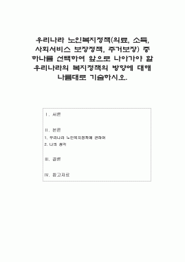 우리나라 노인복지정책(의료, 소득, 사회서비스 보장정책, 주거보장) 중 하나를 선택하여 앞으로 나아가야 할 우리나라의 복지정책의 방향에 대해 나름대로 기술하시오-1페이지