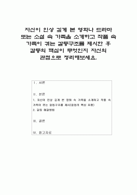 자신이 인상 깊게 본 영화나 드라마 또는 소설 속 가족을 소개하고 작품 속 가족이 겪는 갈등구조를 제시한 후 갈등의 핵심이 무엇인지 자신의 관점으로 정리해보세요-1페이지