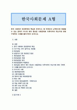 [한국사회문제 A형] 한국 사회에서 청년문제의 핵심은 무엇이고, 왜 개개인의 노력만으로 해결할 수 있는 문제가 아니라 매우 중요한 사회문제로 다루어져야 하는지에 대해 구체적인 사례-1페이지