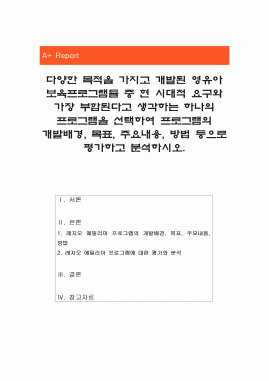 다양한 목적을 가지고 개발된 영유아 보육프로그램들 중 현 시대적 요구와 가장 부합된다고 생각하는 하나의 프로그램을 선택하여 프로그램의 개발배경, 목표, 주요내용, 방법 등으로 평가하고 분석하시오-1페이지