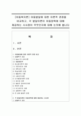 [아동복지론] 아동발달에 대한 이론적 관점을 비교하고,  각 발달이론이 아동양육에 대해 제공하는 시사점이 무엇인지에 대해 논의해 봅니다 [아동]-1페이지