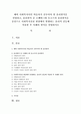 예비 사회복지사인 학습자가 갖추어야 할 윤리원칙을 설명하고,  윤리원칙 중 로웬버그와 돌고프의 윤리원칙을 중심으로 사회복지실천 현장에서 발생하는 윤리적 갈등에 적용한 후 사례의 원칙 [윤리]-1페이지