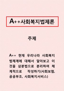 사회복지법제론// 현재 우리나라 사회복지법체계에 대해서 알아보고 이것을 삼분법으로 분리하여 체계적으로 작성하기[사회보험, 공공부조, 사회복지서비스]-1페이지