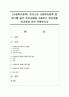 [사회복지정책] 우리나라 사회복지정책 중 하나를 골라 주요내용을 서술하고 장단점을 비교하여 분석 비평하시오 (다문화가족정책)-1페이지