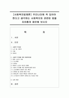 [사회복지법제론] 우리나라에 꼭 있어야 한다고 생각하는 사회복지와 관련된 법을 자유롭게 제안해 보시오 (문화)-1페이지