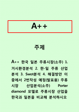 한일주류산업분석(소주)-1. 거시환경분석 2. 한-일 주류 산업분석 3. Swot분석 4. 해결방안 이중에서 2번작성 예정(발표용) 주류시장 산업분석(소주) Porter diamond 모델로 주류시장 산업을 한국과 일본을 비교해 -1페이지