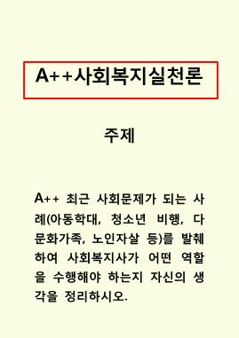 사회복지실천론-최근 사회문제가 되는 사례(아동학대, 청소년 비행, 다문화가족, 노인자살 등)를 발췌하여 사회복지사가 어떤 역할을 수행해야 하는지 자신의 생각을 정리하시오.-1페이지