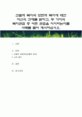 선별적 복지와 보편적 복지에 대한 자신의 견해를 밝히고, 두 가지의 복지관점 중 어떤 관점을 지지하는지를 사례를 들어 제시하십시오-1페이지