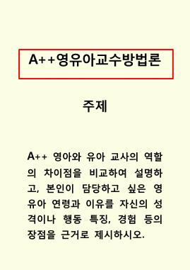 영유아교수방법론-영아와 유아 교사의 역할의 차이점을 비교하여 설명하고, 본인이 담당하고 싶은 영유아 연령과 이유를 자신의 성격이나 행동 특징, 경험 등의 장점을 근거로 제시하시오.-1페이지