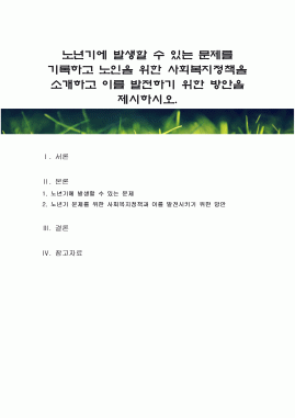 노년기에 발생할 수 있는 문제를 기록하고 노인을 위한 사회복지정책을 소개하고 이를 발전하기 위한 방안을 제시하시오-1페이지