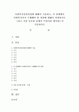 사회복지실천과정에 대해서 기술하고,  각 단계에서 사회복지사가 수행해야 할 과업에 대해서 설명 그리고 가장 중요한 단계가 무엇이라 생각하는지 기술 - 사회복지실천과정-1페이지