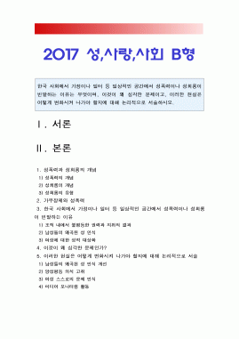 2017년 성사랑사회B형] 한국사회에서 가정이나 일터 등 일상적인공간에서 성폭력이나 성희롱이 빈발하는 이유, 이것이 왜 심각한 문제이고 이러한 현실은 어떻게 변화시켜 나가야할지-1페이지