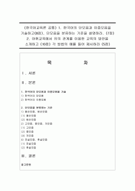 (한국어교육론 공통) 1. 한국어의 단모음과 이중모음을 기술하고(8점),  단모음을 분류하는 기준을 설명하라. (7점) 2. 어휘교육에서 유의 관계를 이용한 교육의 방안을 소개하-1페이지