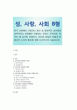 [성, 사랑, 사회 B형] 한국 사회에서 가정이나 일터 등 일상적인 공간에서 성폭력이나 성희롱이 빈발하는 이유는 무엇이며, 이것이 왜 심각한 문제이고, 이러한 현실은 어떻게 변화시-1페이지