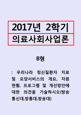 의료사회사업론=우리나라 정신질환자 치료 및 요양서비스의 개요, 자원 현황, 프로그램 및 개선방안에 대한 의견을 기술하시오-1페이지