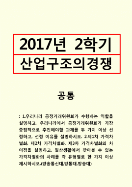 산업구조의경쟁=1.우리나라 공정거래위원회가 수행하는 역할을 설명하고, 우리나라에서 공정거래위원회가 가장 중점적으로 추진해야할 과제를 두 가지 이상 선정하고, 선정 이유를 설명하시오. 2.제1차 가격차별화, -1페이지