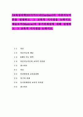 /교육심리학2017/가드너(Gardner)의 다중지능이론을 설명하고, 그 교육적 시사점을 논하시오. 매슬로우(Maslow)의 동기위계설에 대해 설명하고, 그 교육적 시사점을 논하시-1페이지