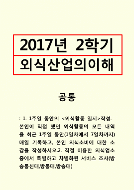 외식산업의이해=1. 1주일 동안의 외식활동 일지작성.본인이 직접 했던 외식활동의 모든 내역을 최근 1주일 동안(1일차에서 7일차까지) 매일 기록하고, 본인 외식소비에 대한 소감을 작성하시오.2. 직접 이용한 외식-1페이지