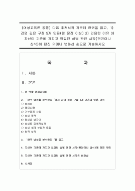 (여성교육론 공통) 다음 추천서적 가운데 한권을 읽고,  1) 감명 깊은 구절 5개 인용(한 문장 이상) 2) 인용한 이유 3) 자신이 기존에 가지고 있었던 성별 관련 시각(편견이-1페이지