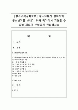 [청소년육성제도론] 청소년들이 행복하게 청소년기를 보내기 위해 국가에서 지원할 수 있는 제도가 무엇인지 작성하시오 : 청소년-1페이지