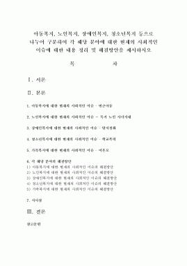 아동복지,  노인복지,  장애인복지,  청소년복지 등으로 나누어 구분하여 각 해당 분야에 대한 현재의 사회적인 이슈에 대한 내용 정리 및 해결방안을 제시 : 복지-1페이지