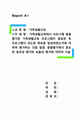 가족생활교육-가족생활교육에서 프로그램 총괄평가란 가족생활교육 프로그램이 종료된 후 프로그램이 의도한 목표를 달성하였는가에 대하여 평가하는 것을 말함. 총괄평가에서 중요한 효과성 평가와 효율성 평가에 -1페이지