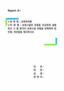 보육학개론-보육시설의 유형을 비교하여 설명하고 그 중 한가지 보육시설 유형을 선택하여 장단점, 개선점을 제시하시오-1페이지