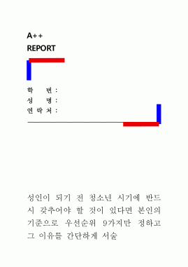 [성인이 되기 전 청소년 시기에 반드시 갖추어야 할 것이 있다면 본인의 기준으로 우선순위 9가지만 정하고 그 이유를 간단하게 서술]-1페이지