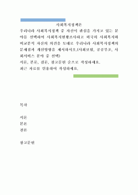 사회복지정책론)우리나라 사회복지정책 중 자신이 관심을 가지고 있는 분야를 선택하여 사회복지현황조사하고 외국의 사회복지와 비교분석 자신의 의견을 토대로 우리나라 사회복지정책의 문제점-1페이지