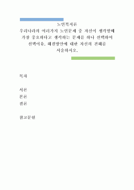 노인복지론)우리나라의 여러가지 노인문제 중 자신이 생각할때 가장 중요하다고 생각하는 문제를 하나 선택하여 선택이유,해결방안에 대한 자신의 견해를 서술하시오.-1페이지