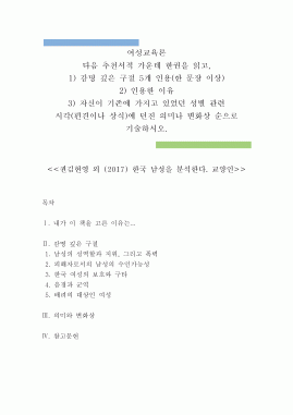 여성교육론)한국 남성을 분석한다. 다음 추천서적 가운데 한권을 읽고, 1) 감명 깊은 구절 5개 인용(한 문장 이상) 2) 인용한 이유 3) 자신이 기존에 가지고 있었던 성별 관련 시각(편견이나 상식)에 던진 의미나 변-1페이지