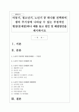 아동기, 청소년기, 노년기 중 하나를 선택하여 생의 주기상에 나타날 수 있는 부정적인 현상(문제점)하나 예를 들고 원인 및 해결방안을 제시하시오-1페이지