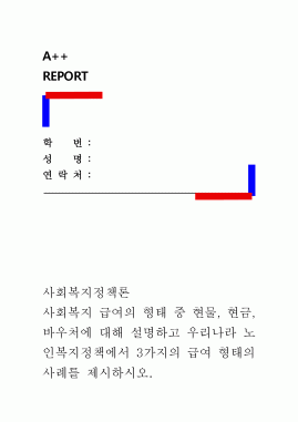 [사회복지정책론]사회복지 급여의 형태 중 현물, 현금, 바우처에 대해 설명하고 우리나라 노인복지정책에서 3가지의 급여 형태의 사례를 제시하시오.-1페이지