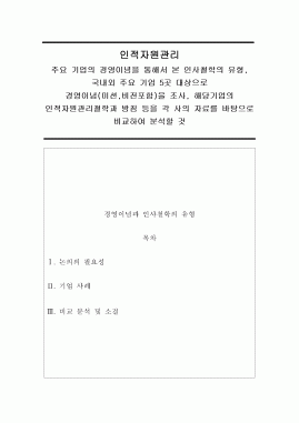 인적자원관리)주요 기업의 경영이념을 통해서 본 인사철학의 유형, 국내외 주요 기업 5곳 대상으로 경영이념(미션,비전포함)을 조사, 해당기업의 인적자원관리철학과 방침 등을 각 사의 자료를 바탕으로 비교하여 분-1페이지