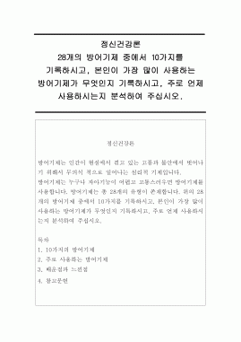 정신건강론)28개의 방어기제 중에서 10가지를 기록하시고, 본인이 가장 많이 사용하는 방어기제가 무엇인지 기록하시고, 주로 언제 사용하시는지 분석하여 주십시오.-1페이지