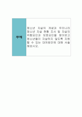 청소년 자살의 개념과 우리나라 청소년 자살 현황 조사 및 자살의 위험요인과 보호요인을 찾아보고 청소년들이 자살하지 않도록 지원할 수 있는 대처방안에 대해 서술해보시오-1페이지