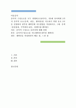 아동음악)음악적 구성요소를 모두 설명하고(10가지), 만5세 유아에게 3가지 음악적 요소(음색, 리듬, 셈여림)를 지도하기 위한 동요 3곡을 선정하여 첨부된 계획안에 지도방법을 작성하시오.-1페이지