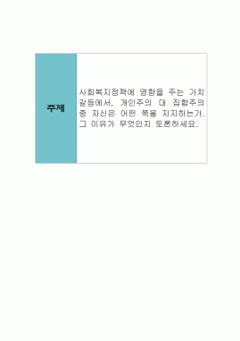 사회복지정책에 영향을 주는 가치 갈등에서, 개인주의 대 집합주의 중 자신은 어떤 쪽을 지지하는가. 그 이유가 무엇인지 토론하세요-1페이지