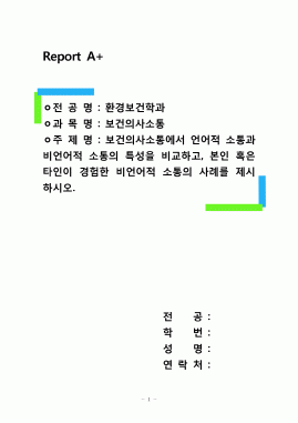 환경보건학과=보건의사소통=보건의사소통에서 언어적 소통과 비언어적 소통의 특성을 비교하고, 본인 혹은 타인이 경험한 비언어적 소통의 사례를 제시하시오.(언어적, 비언어적 소통의 특성(표현 방식, 역할)을 정-1페이지