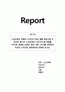 노인교육론-노인교육의 방향은 노년기의 삶의 질을 향상시킬 수 있어야 합니다 노인교육이 나아가야 할 방향을 3가지로 설명해 보세요-1페이지