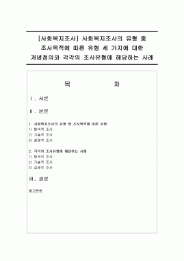 [사회복지조사] 사회복지조사의 유형 중 조사목적에 따른 유형 세 가지에 대한 개념정의와 각각의 조사유형에 해당하는 사례-1페이지