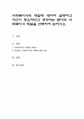 사회복지사의 역할에 대하여 설명하고 자신이 중요하다고 생각하는 분야의 사회복지사 역할을 선택하여 논하시오-1페이지