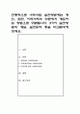 전통적으로 사회사업 실천방법에는 개인 집단 지역사회의 수준에서 개입하는 방법으로 구분됩니다 3가지 실천방법의 개념 실천원칙 등을 비교분석해 보세요-1페이지