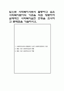 앞으로 사회복지사로서 활동하고 싶은 사회복지분야의 기관을 직접 방문하여 실제적인 사회복지실천 현황을 조사하고 문제점을 기술하시오-1페이지