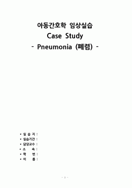 아동간호학 임상실습 폐렴 케이스폐렴 간호과정Pneumonia case study A+-1페이지