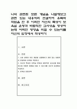 [사범/법학] 나와 관련된 모든 개념을 나열해보고 관련 있는 내용끼리 연결하여 유목화 작업을 한 후 이러한 자신의 특성이 보육실 운영과 바람직한 교사상을 형성하는데 어떠한 영향을 미칠 수 있는지를 자신의 입장에서 작성하-1페이지