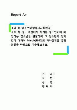 인간행동과사회환경)주변에서 지켜본 청소년기에 해당하는 청소년을 관찰하여 그 청소년의 정체감에 대하여 Marcia(1980)의 자아정체감 유형분류를 바탕으로 기술해보세요-1페이지